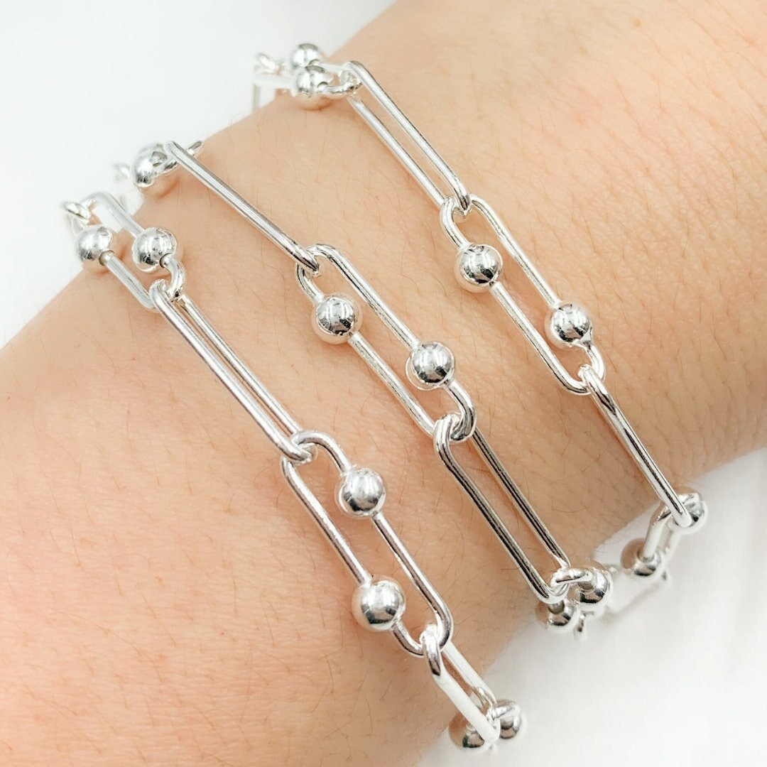 19x5mm 1FT 925 Sterling Silver Smooth & Balls Paperclip Link Chain ...