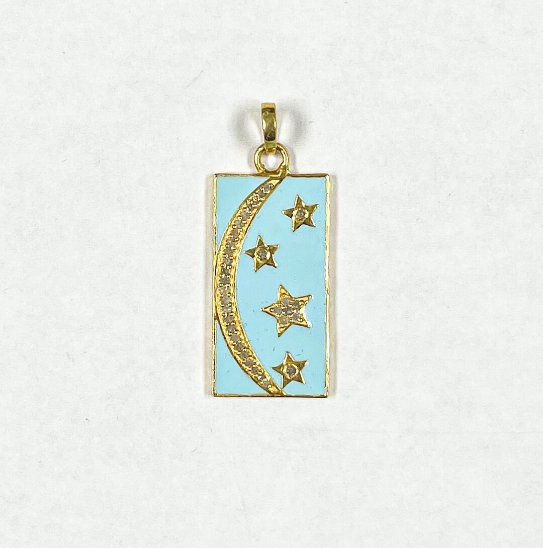 925 Sterling Silver Enamel Diamond Moon Rectangle Pendant, Pave Diamond Black Polish 925 Silver ...