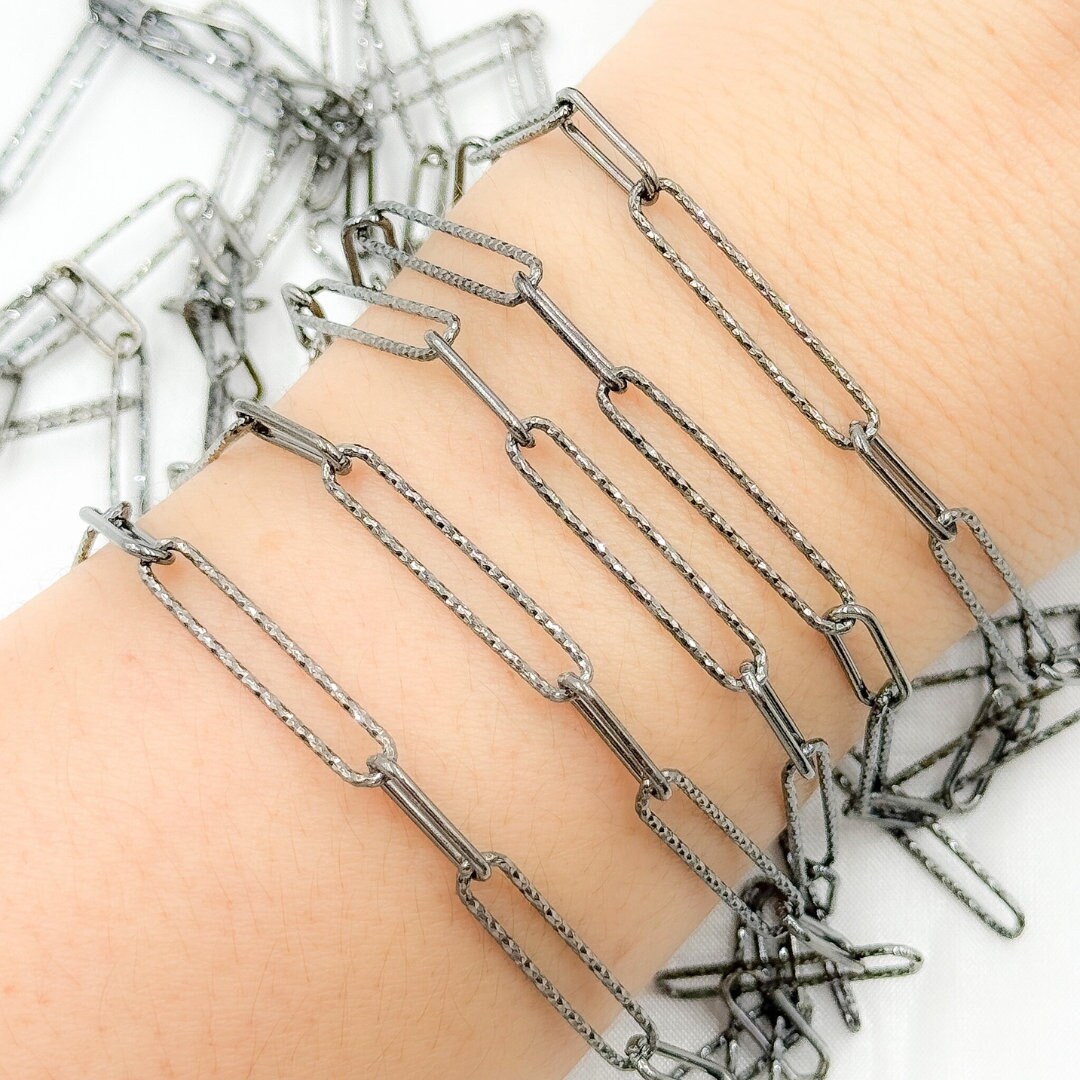 Black Rhodium 925 Sterling Silver Paperclip Chain Diamond Cut & Smooth ...