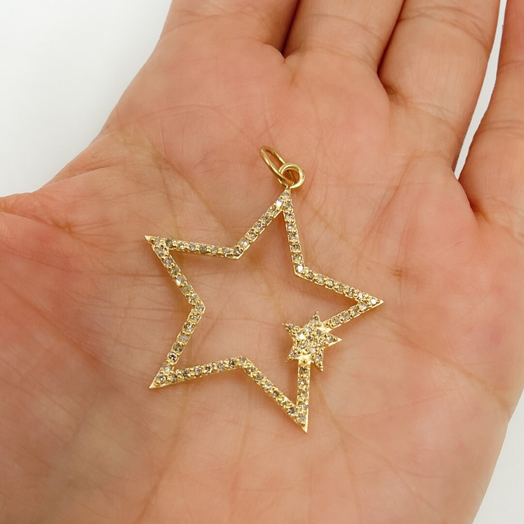 14K Solid Gold Double Star With Diamonds 34x31mm Open Star Pendant ...