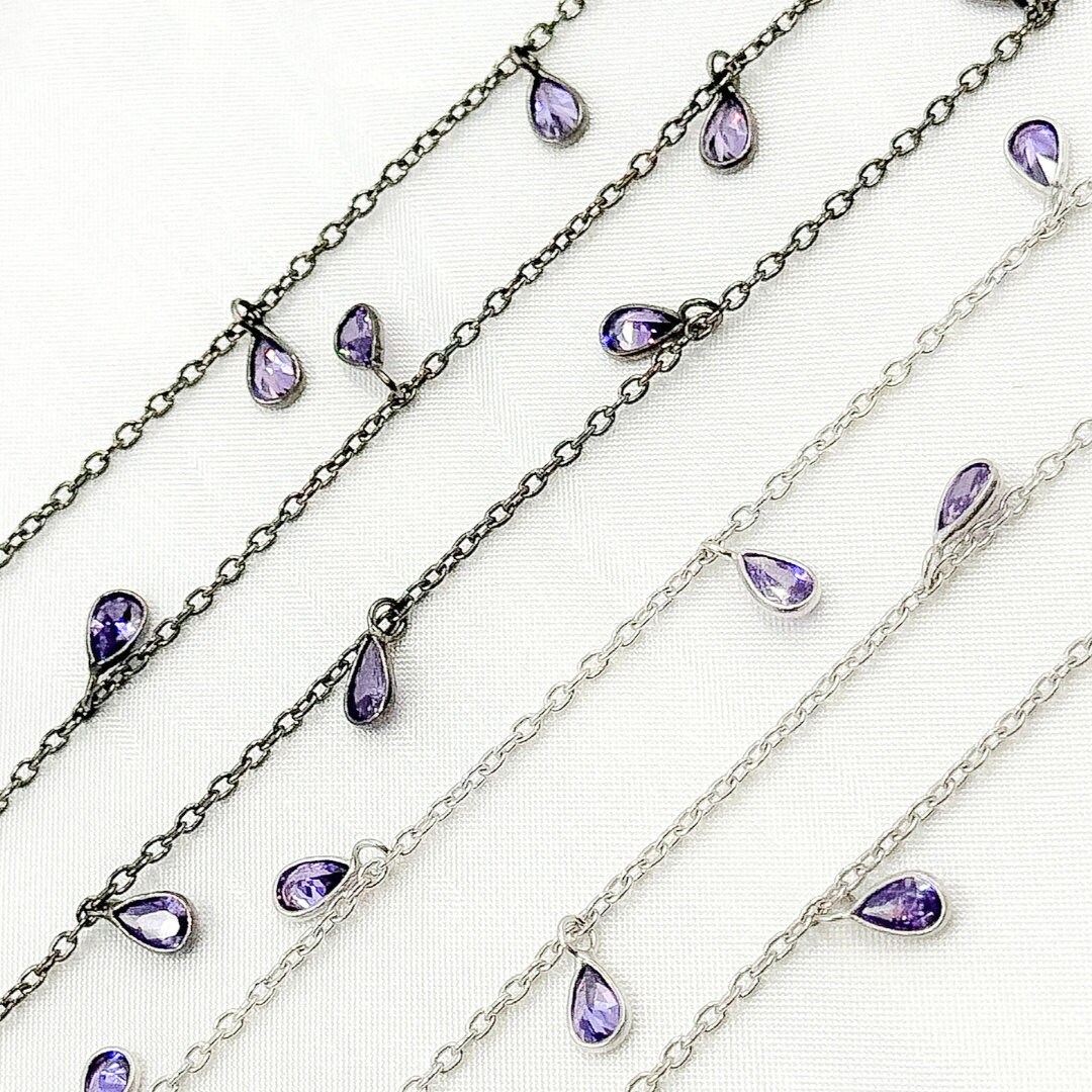 Purple Color Cubic Zirconia Pear Shape Dangle Chain, CZ Chains by Foot ...