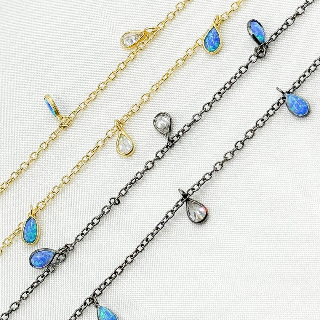 Created Blue Opal & CZ Tear Drop Shape Dangle Chain, Chain by the Foot ...