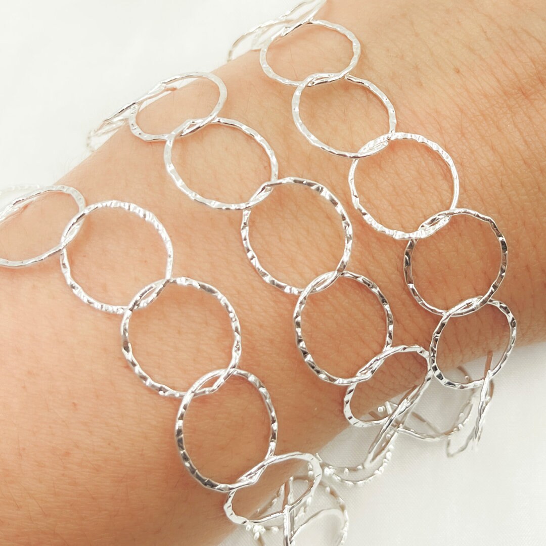 14mm 925 Sterling Silver Chain by Foot, Unfinished Hammered Big Circle ...