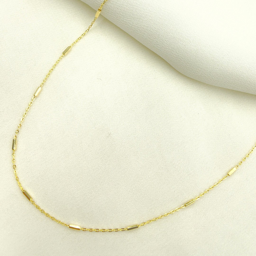 14K Solid Gold Cable Chain, Real Gold Bars Necklace 16, 18 & 20 Inches ...