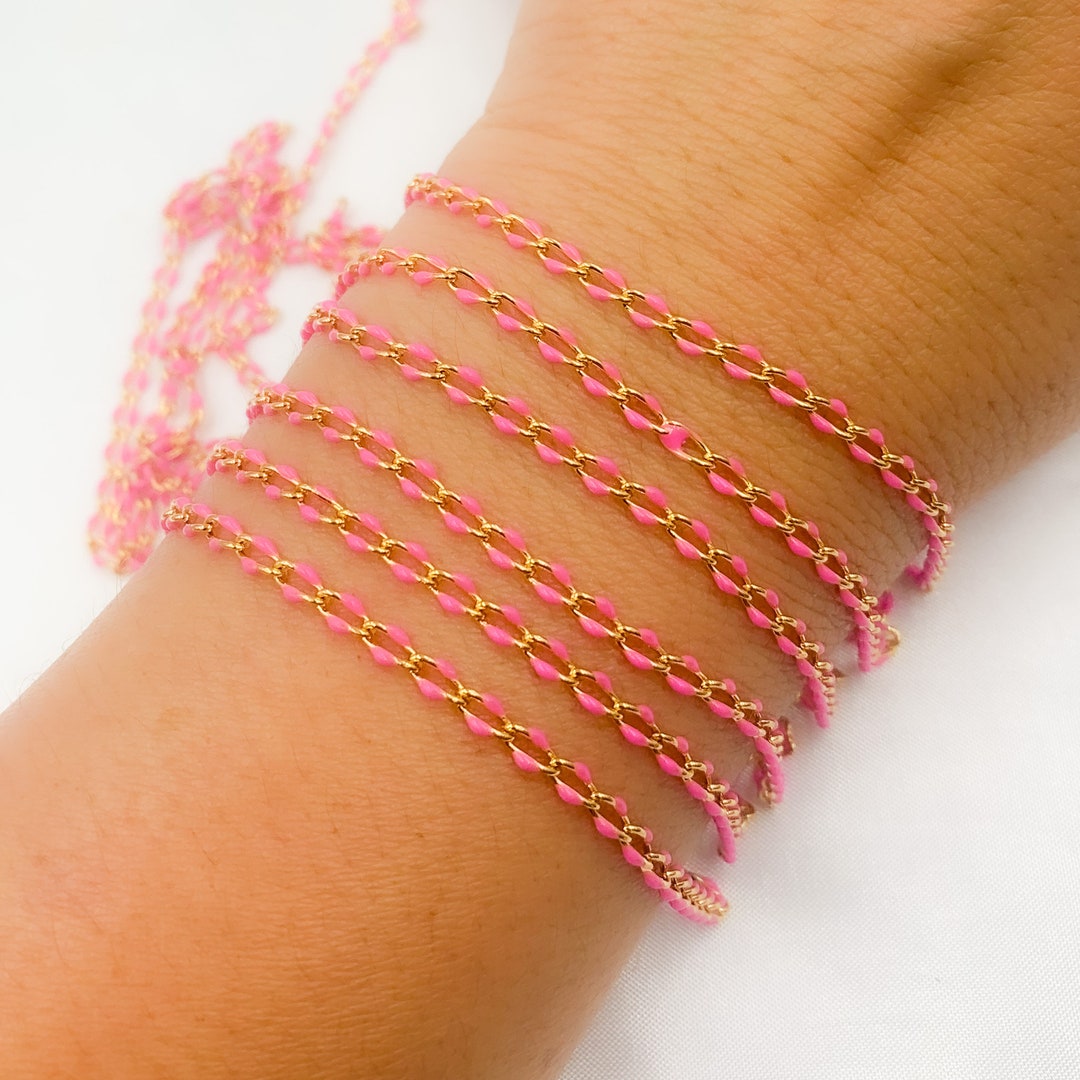 Sterling Silver Enamel Pink Color Cable Chain, Unfinished Cable Enamel ...