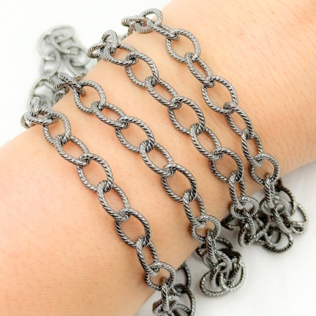 Oxidized 925 Sterling Silver Textured Cable Chain, Gray Chains by Foot ...