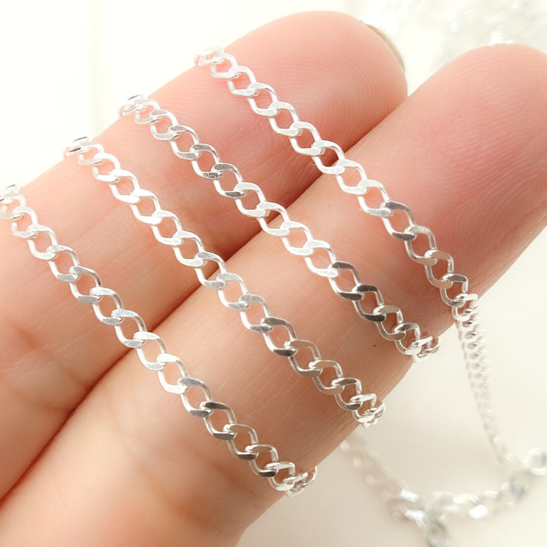 3x2mm 925 Sterling Silver Flat Curb Chain by Foot, Unfinished Silver ...