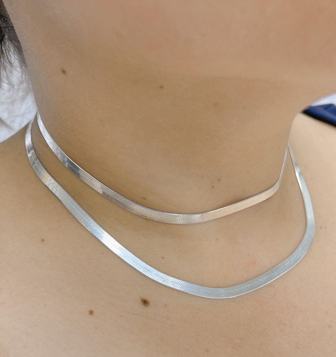 Herringbone Snake Chain Necklace, 925 Sterling Silver Flat Snake Chain ...