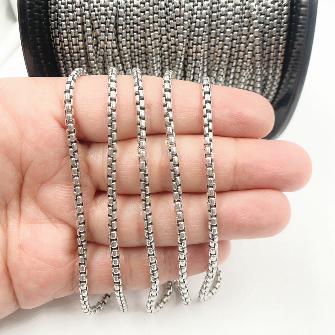 1FT 3mm 925 Oxidized Silver Box Chain, Heavy Box Chain by Foot, Round ...
