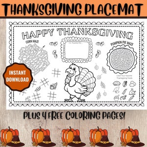 Printable Thanksgiving Activity Placemat, Kid's Placemat, Kid's Table ...
