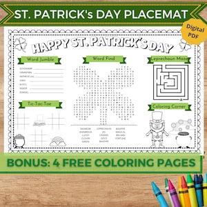 St. Patrick's Day Placemat, Coloring Placemat, Bonus Coloring Pages ...
