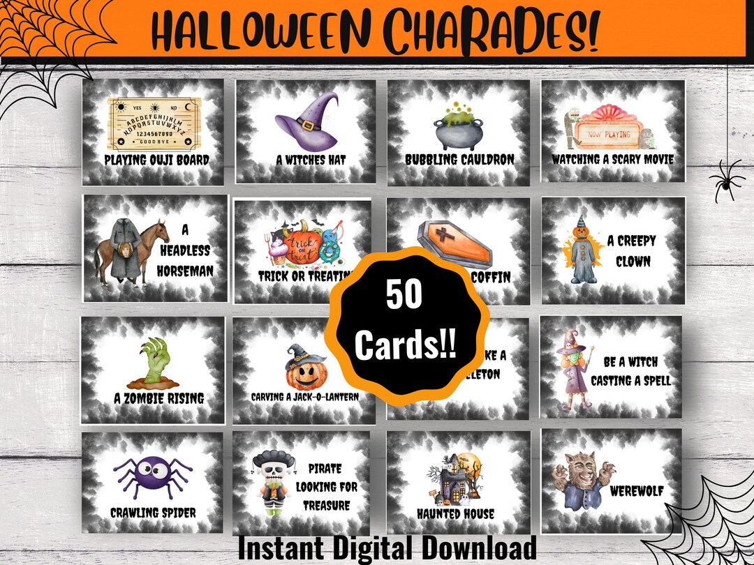 50 Halloween Charades Cards, Kids' Halloween Charades Game, Halloween ...
