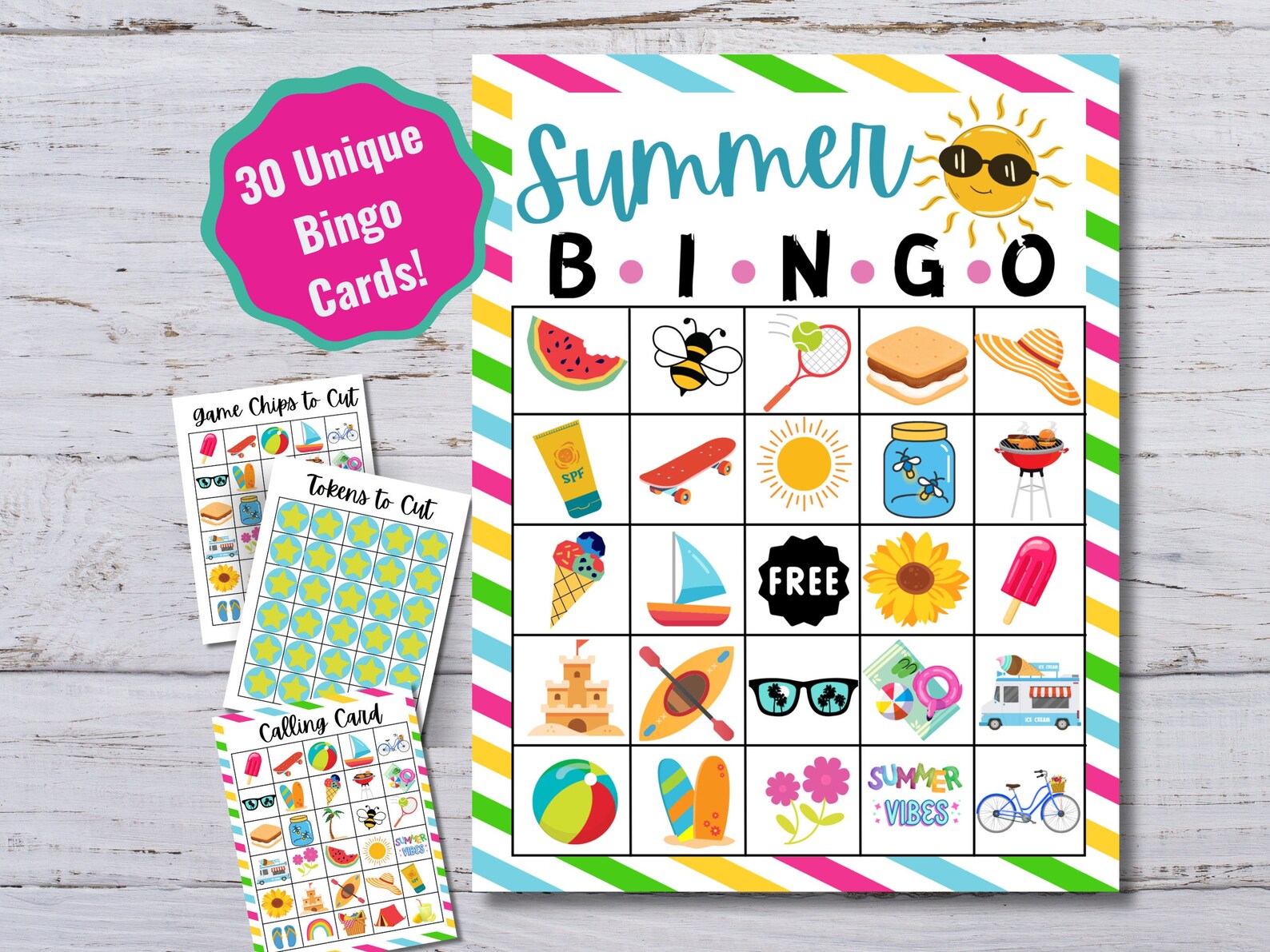 Summer Printable Bingo, 30 Unique Bingo Cards, Kids' Summer Camp ...