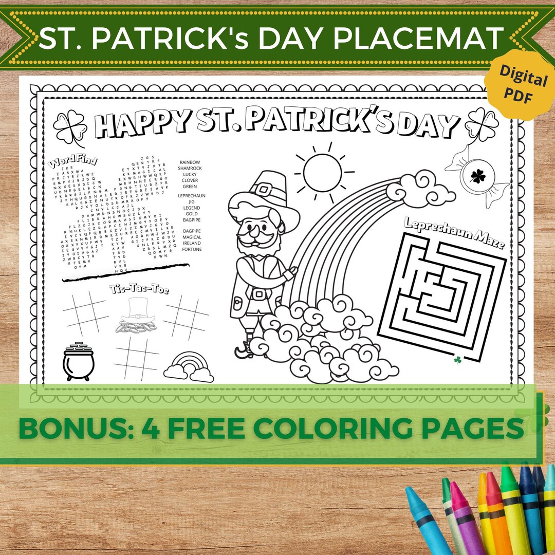St. Patrick's Day Placemat, Coloring Placemat, Bonus Coloring Pages ...