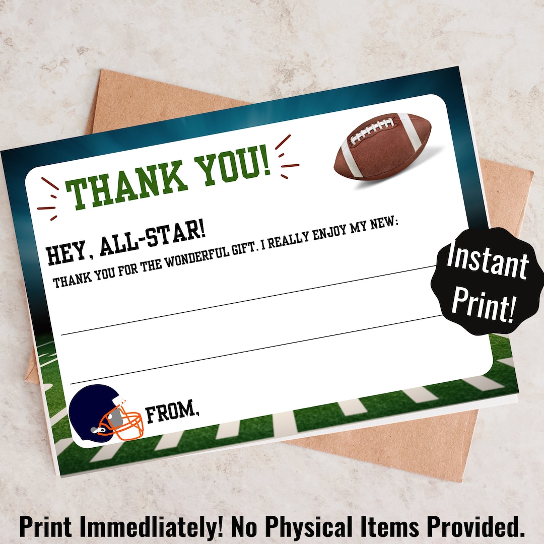 Football Thank You Card, Kids Thank You Note, Boys Sports Thank You ...
