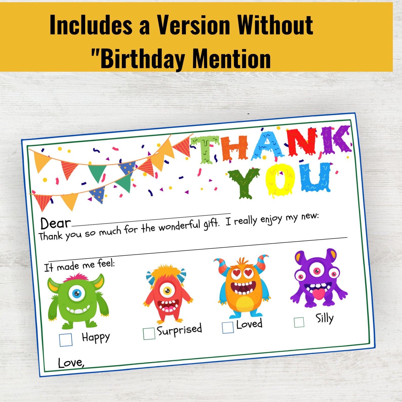 Printable Kid's Thank You Card Monster Thank You Card - Etsy