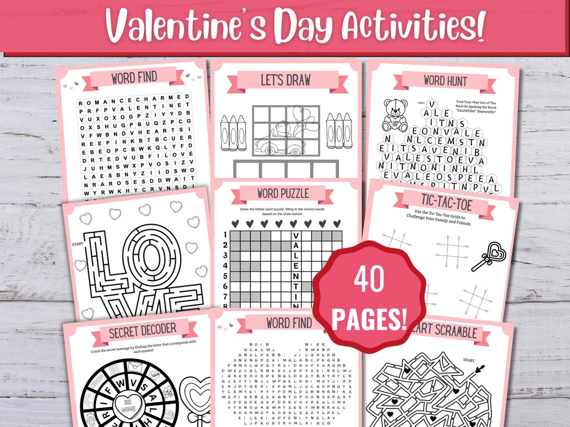 40 Printable Valentine's Day Kid's Activities, Valentine's Day Bundle ...