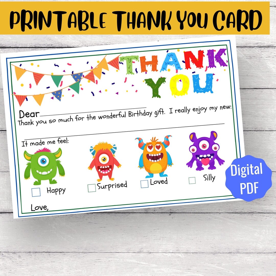 Printable Kid's Thank You Card, Monster Thank You Card, Kids Printable ...