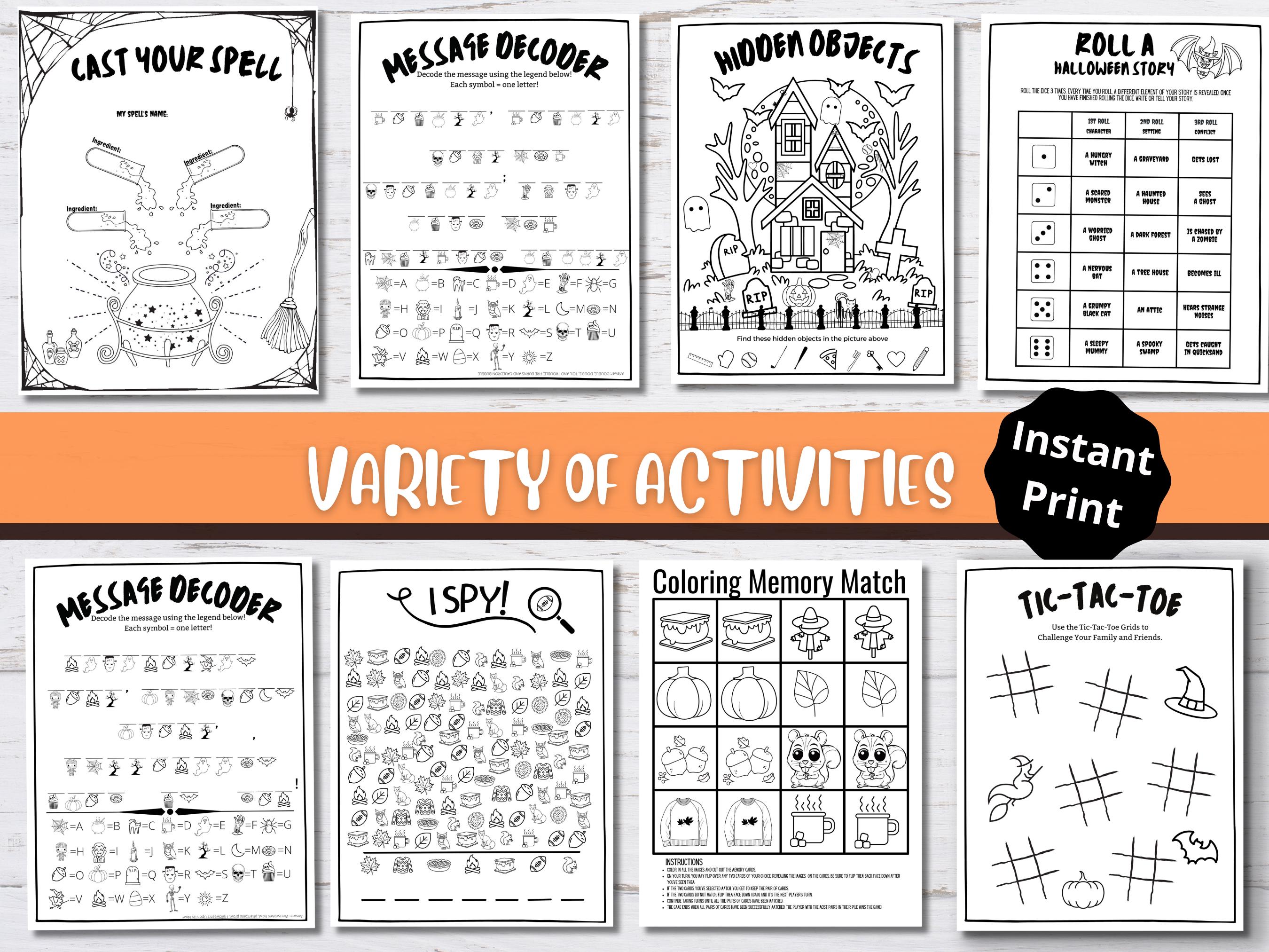 50 Page Kids Halloween Activity Bundle, Printable Games, Coloring Pages ...