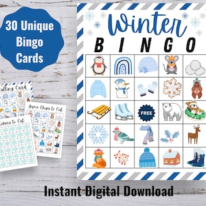 30 Card Winter Bingo Game, 30 Unique Bingo Cards, Kids' Winter Activity ...
