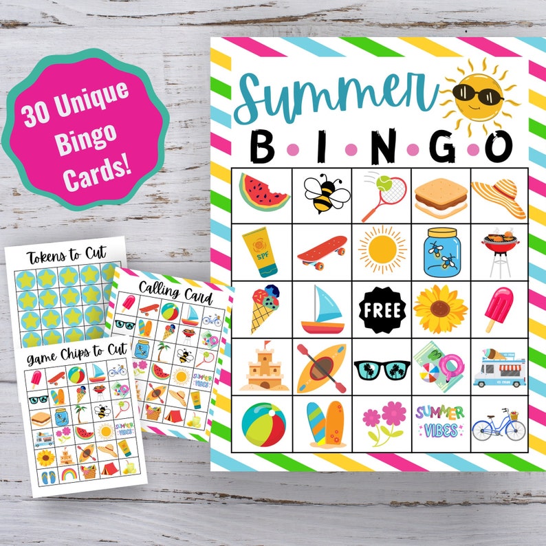 Summer Printable Bingo 30 Unique Bingo Cards Kids' - Etsy
