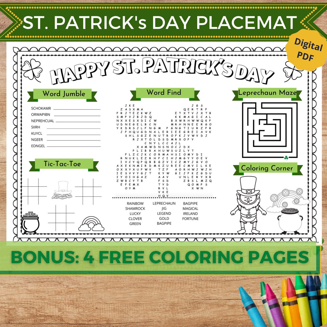 St. Patrick's Day Activity Placemat, Coloring Pages (digital Download ...