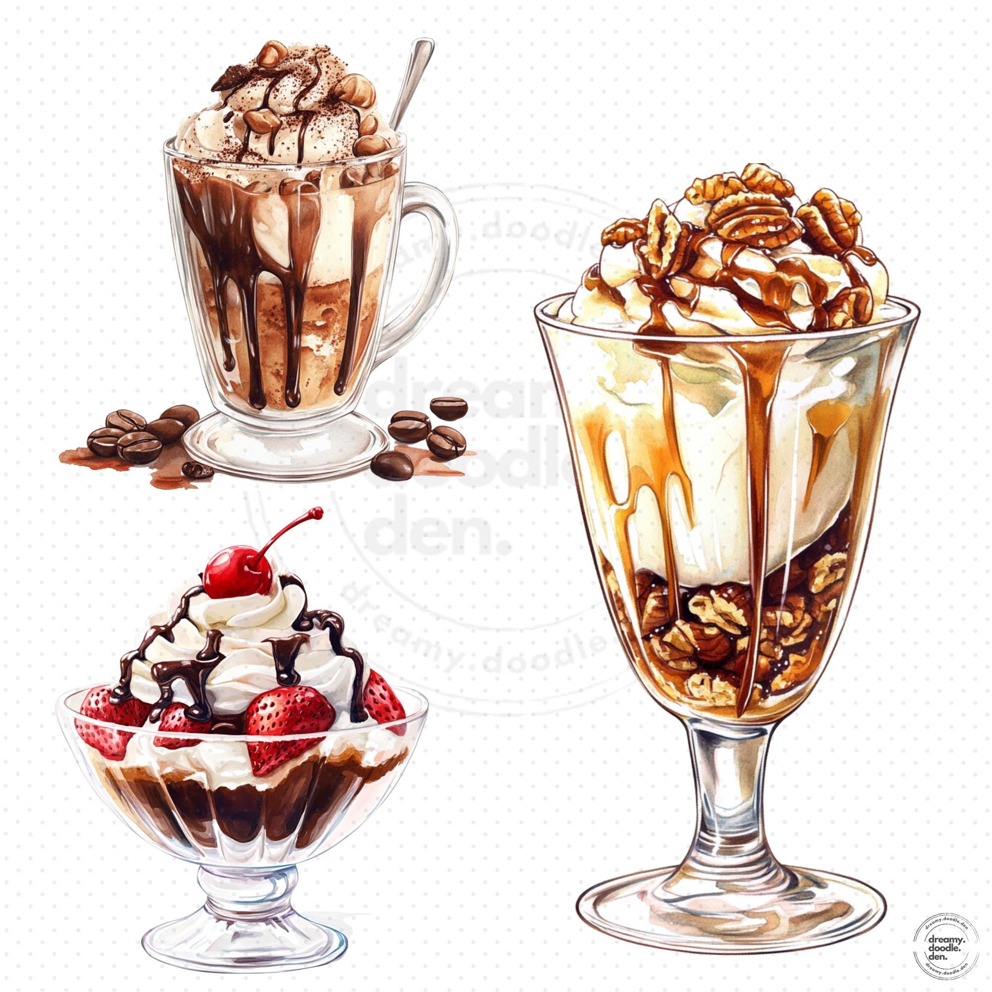 Ice Cream Sundae Clipart Bundle, Watercolor Dessert PNG, Summer Food ...
