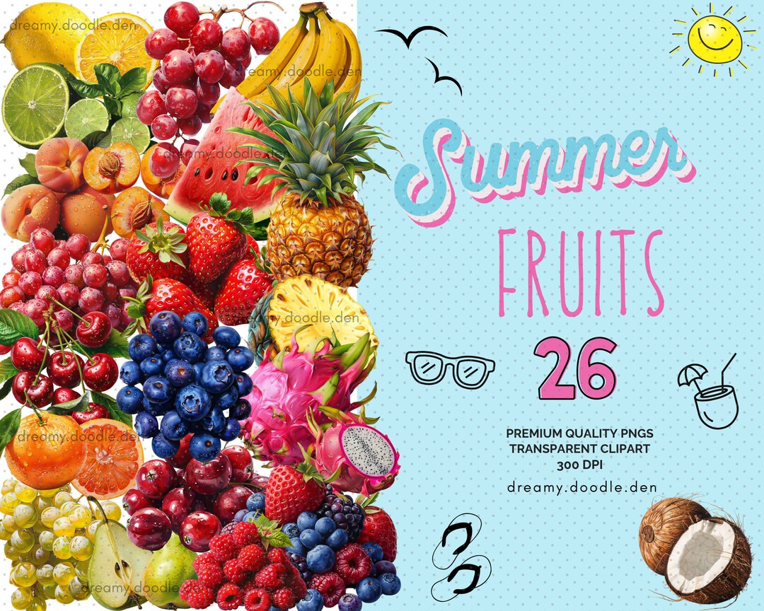 Summer Fruits Clipart, Tropical Fruit Summer Collection, Juicy Fruit ...
