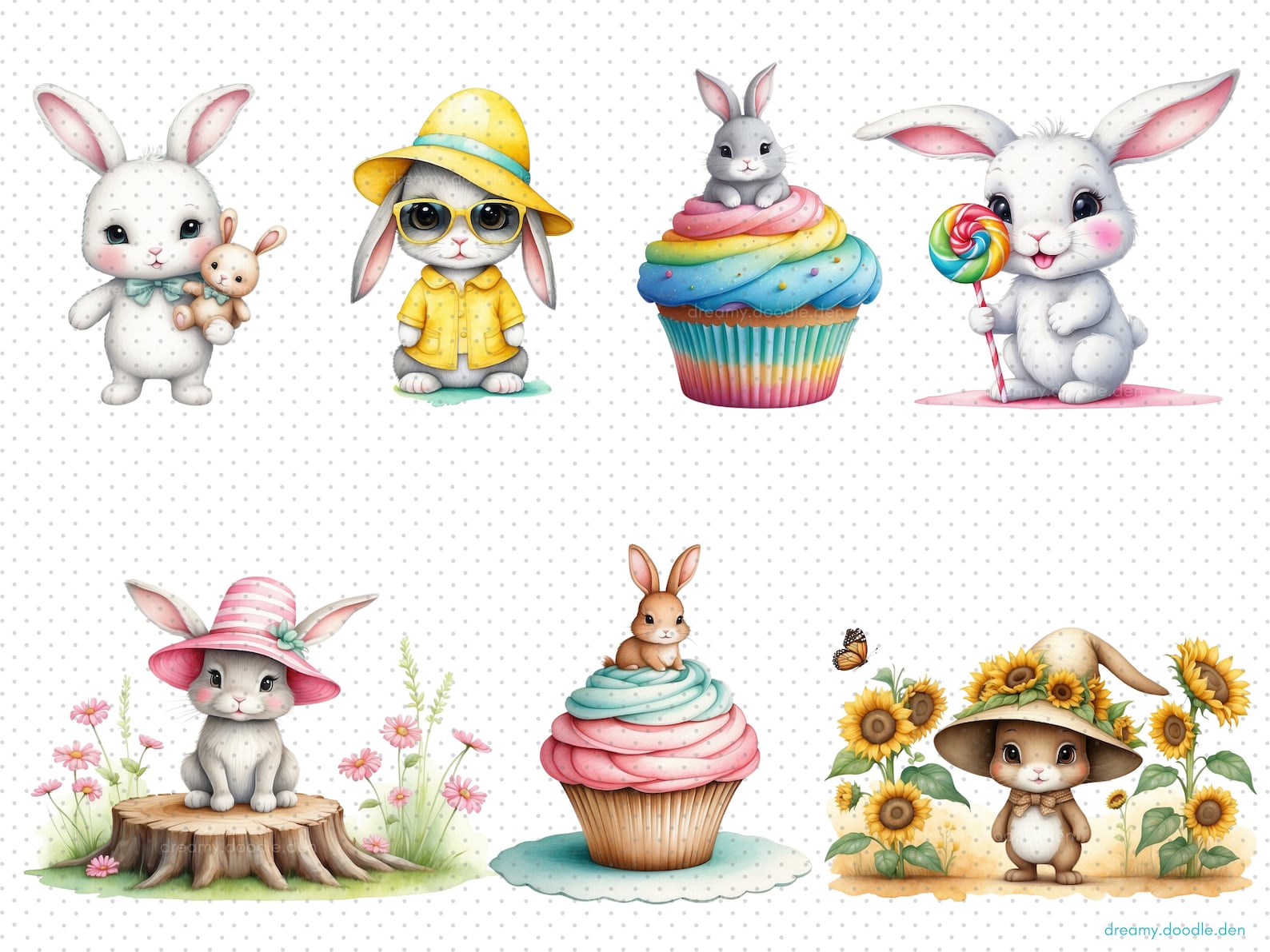 Watercolor Bunny Clipart Bundle, Cute Bunny PNG, Bunny Cupcake Clipart ...