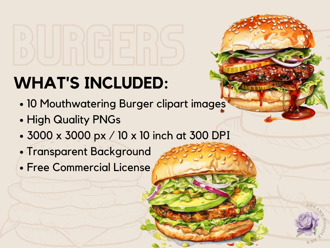 Burger Clipart | Watercolor Food Clipart | Deluxe Burgers PNG ...