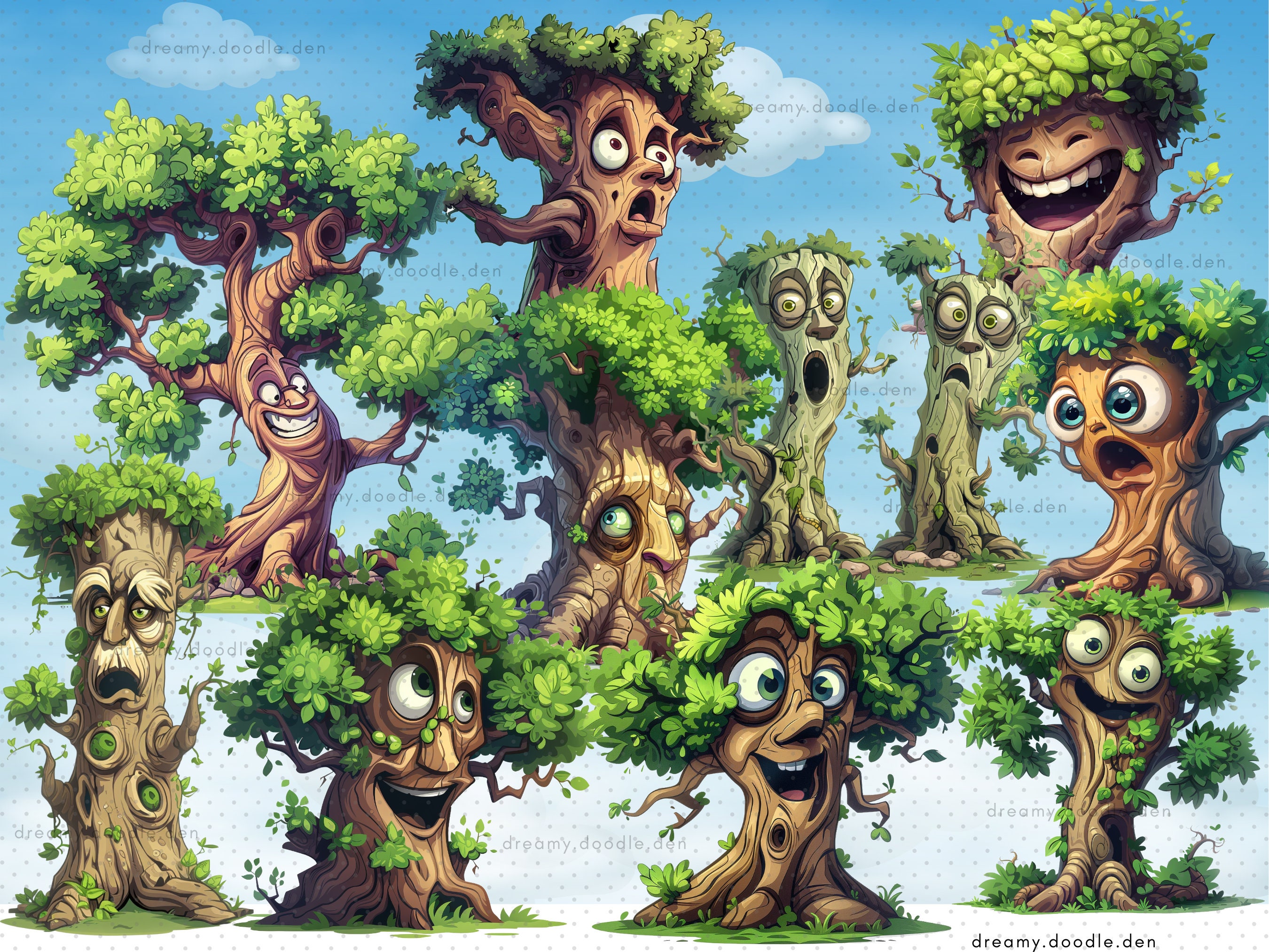 Whimsical Trees Clipart, Quirky Trees Clipart Bundle, Funny Faces ...