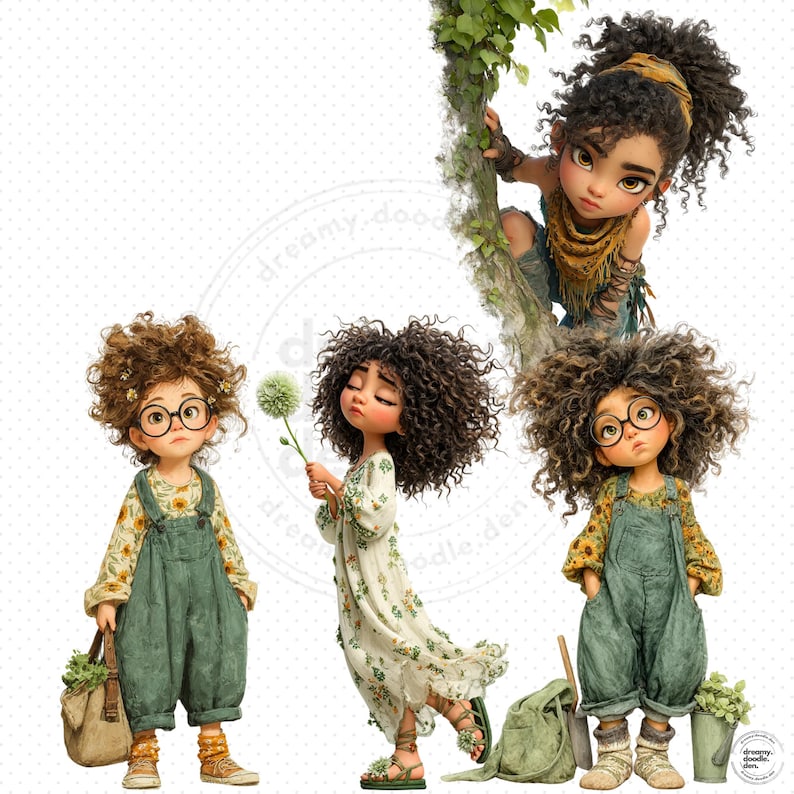 Boho Girl Clipart Bundle, Cottagecore Art PNG, Whimsical Child ...