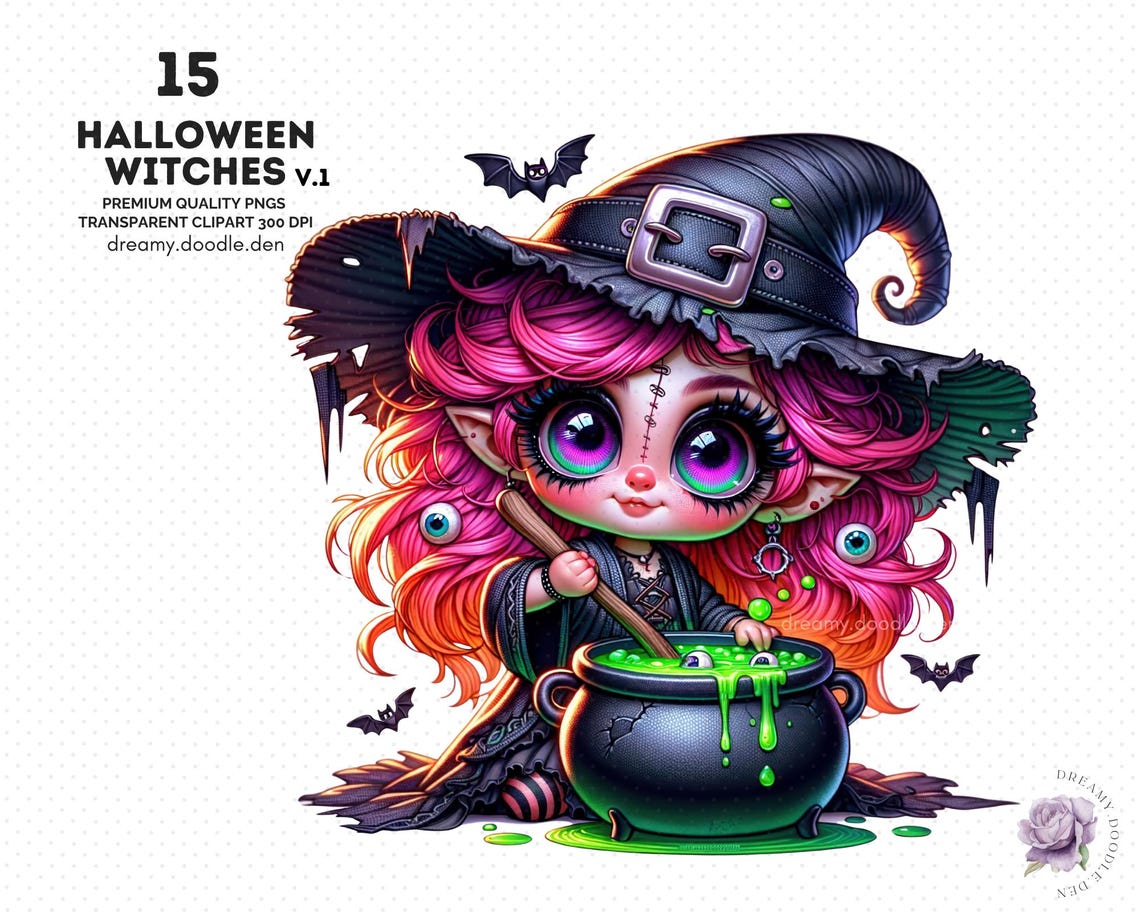 Halloween Witch Clipart Bundle, Cute Halloween Witches, Witch PNG, Cute ...