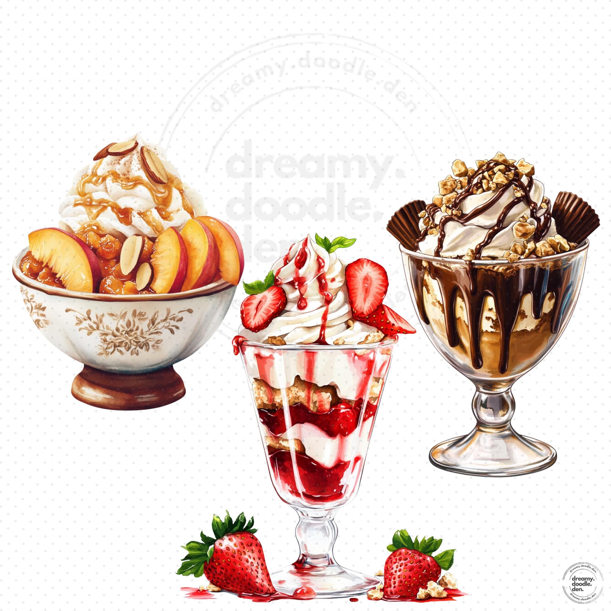 Ice Cream Sundae Clipart Bundle, Watercolor Dessert PNG, Summer Food ...