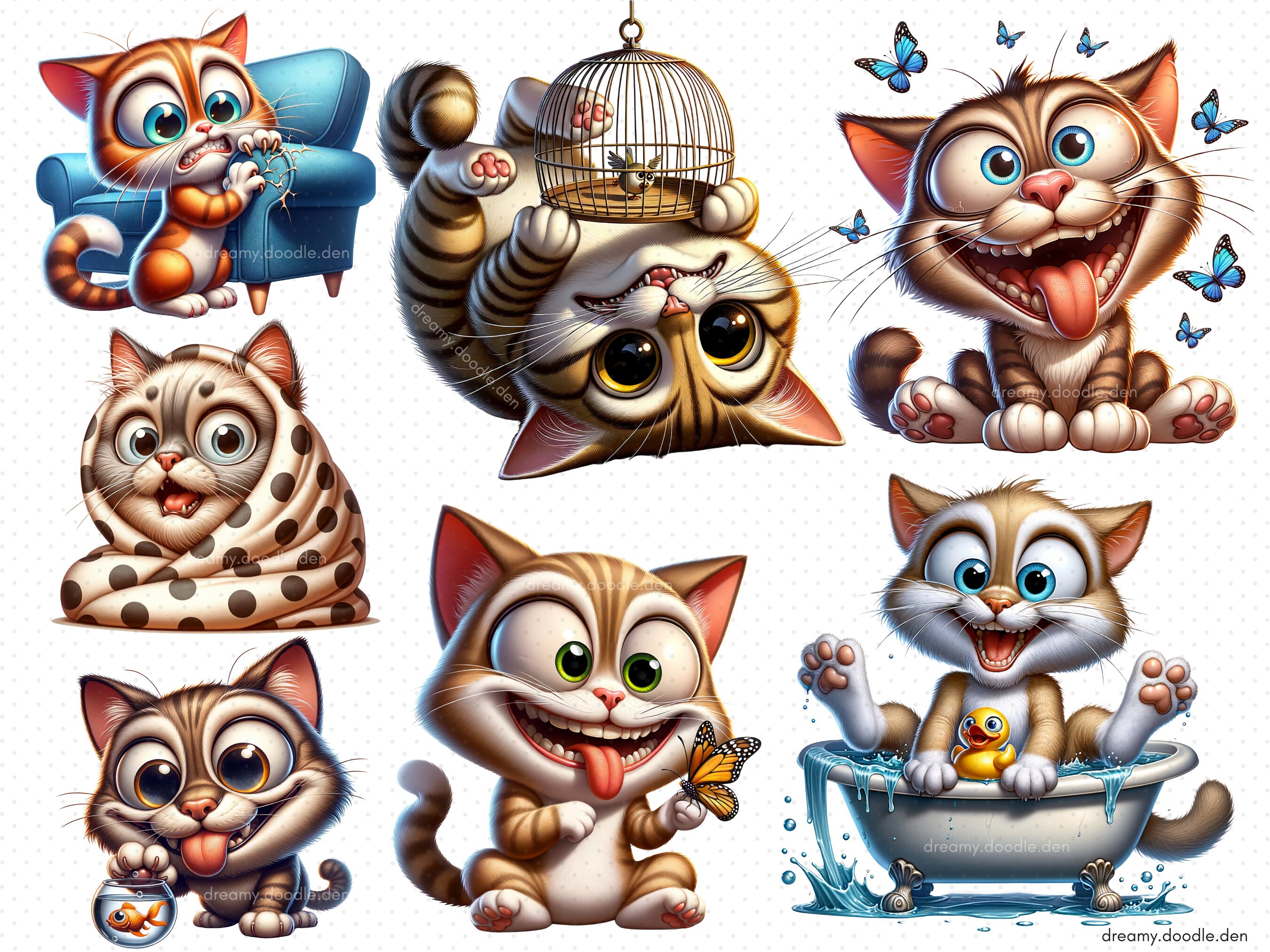 Whimsical Cats Clipart Bundle, Funny Cats Clipart Bundle, Quirky Cats ...