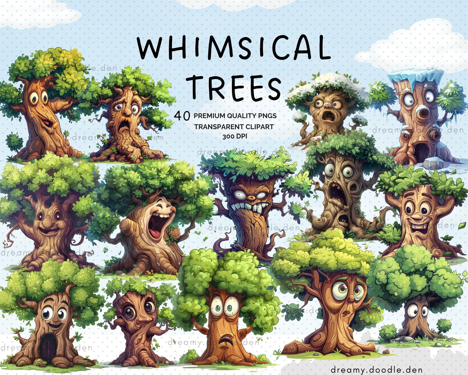 Whimsical Trees Clipart, Quirky Trees Clipart Bundle, Funny Faces ...