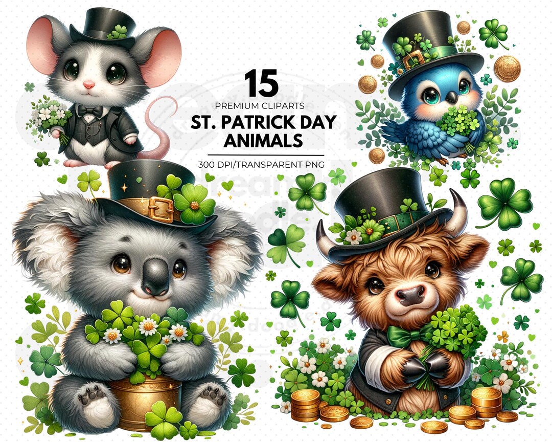 St. Patrick's Day Animals Clipart Bundle, Cute Lucky Animal Clipart ...