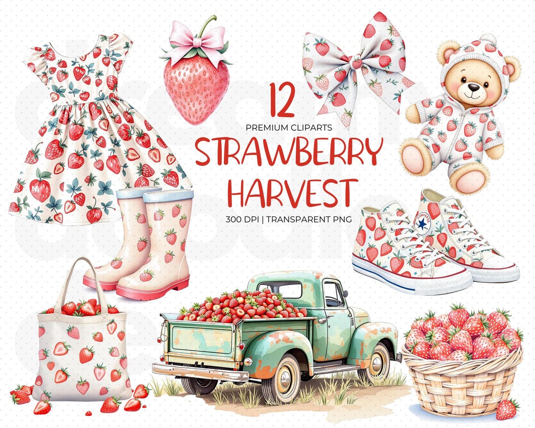 Strawberry Harvest Clipart Bundle, Watercolor Strawberry Clipart ...