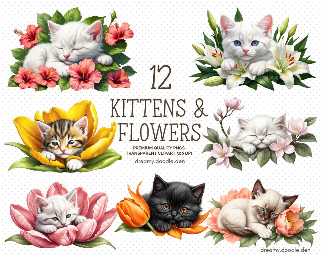 Kittens and Flowers Clipart Bundle, Spring Kittens, Watercolor Kitten ...