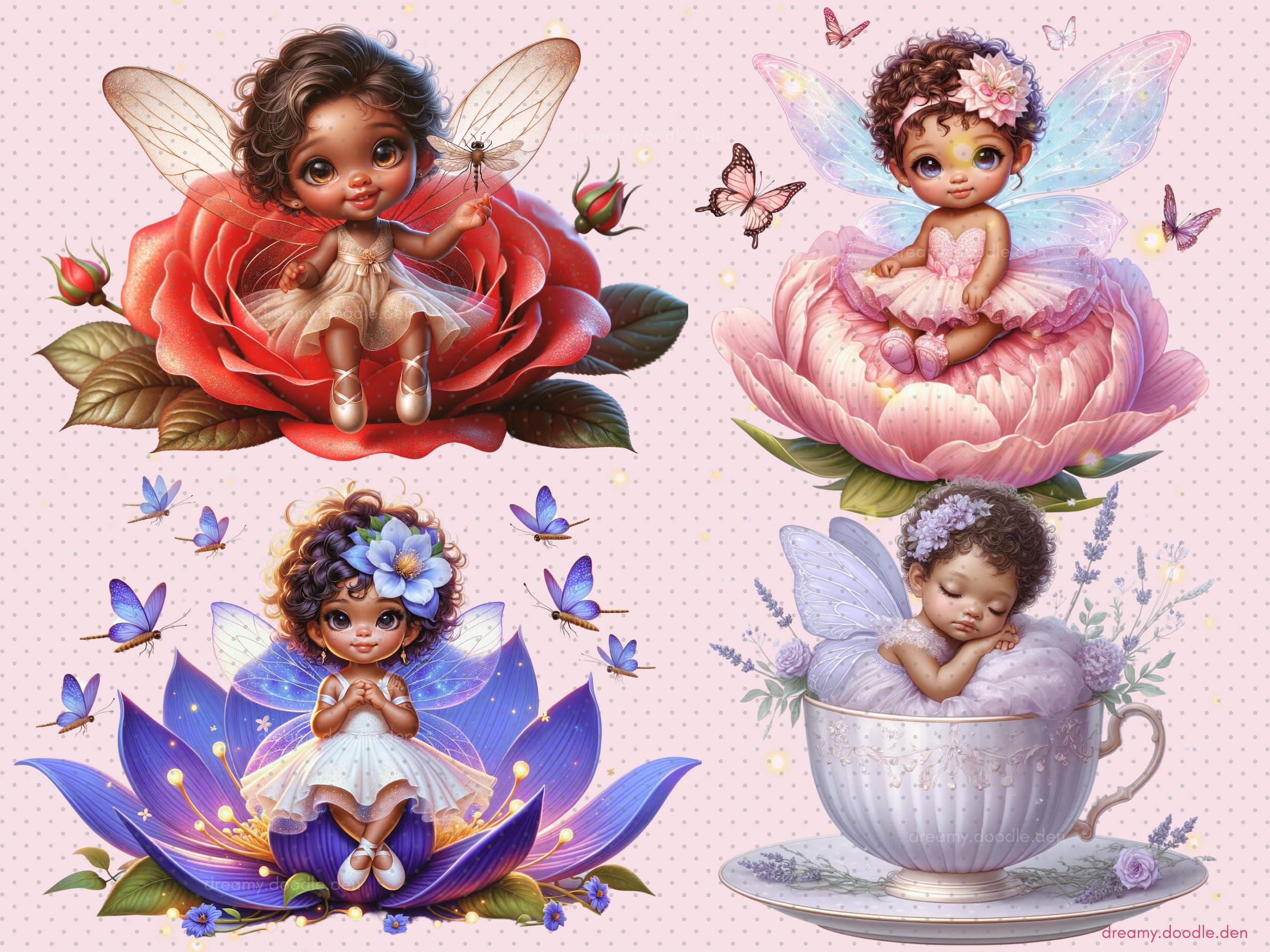 Melanin Fairy Clipart Bundle, Whimsical Baby Melanin Fairies Clipart ...
