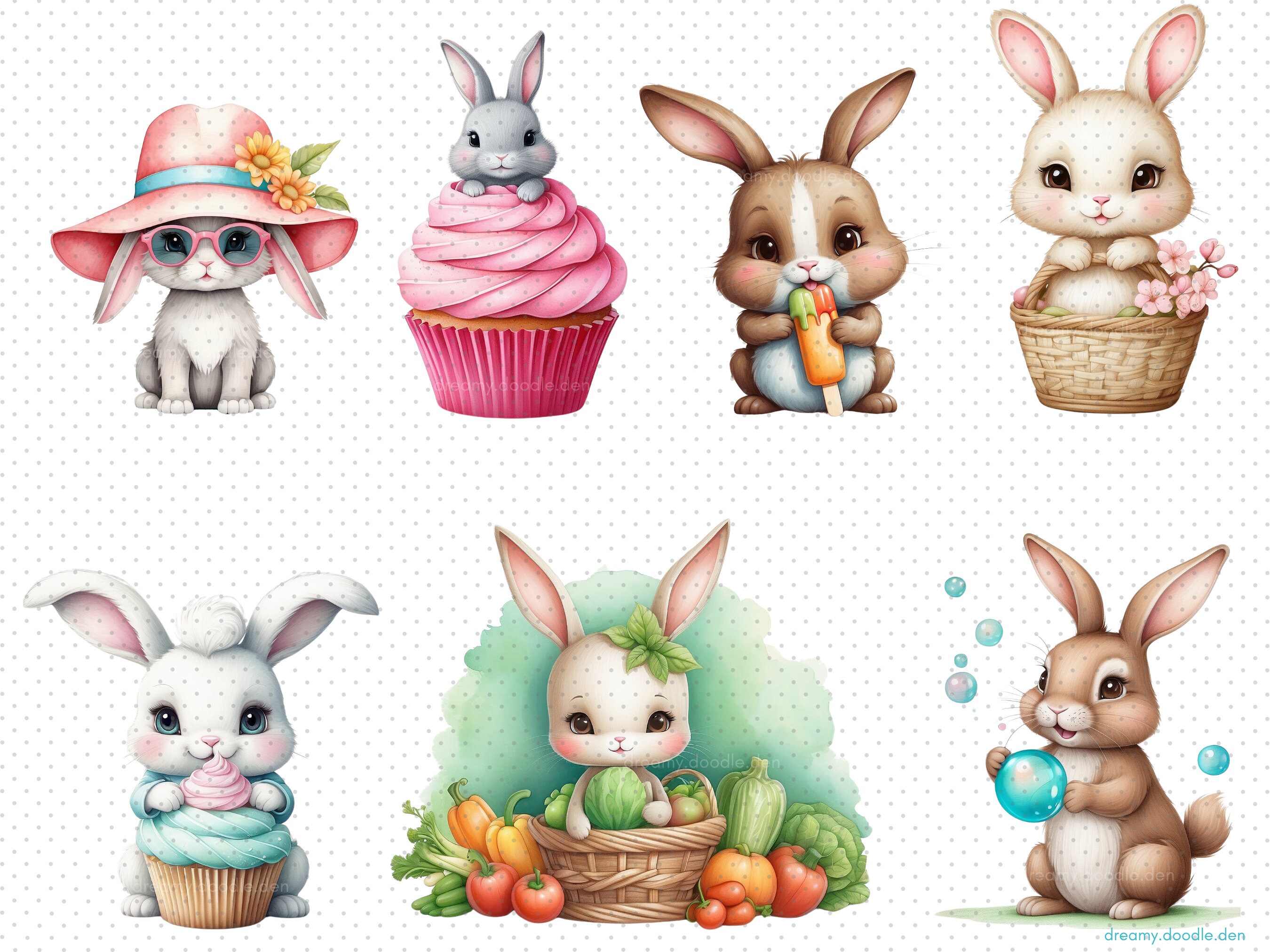 Watercolor Bunny Clipart Bundle, Cute Bunny PNG, Bunny Cupcake Clipart ...