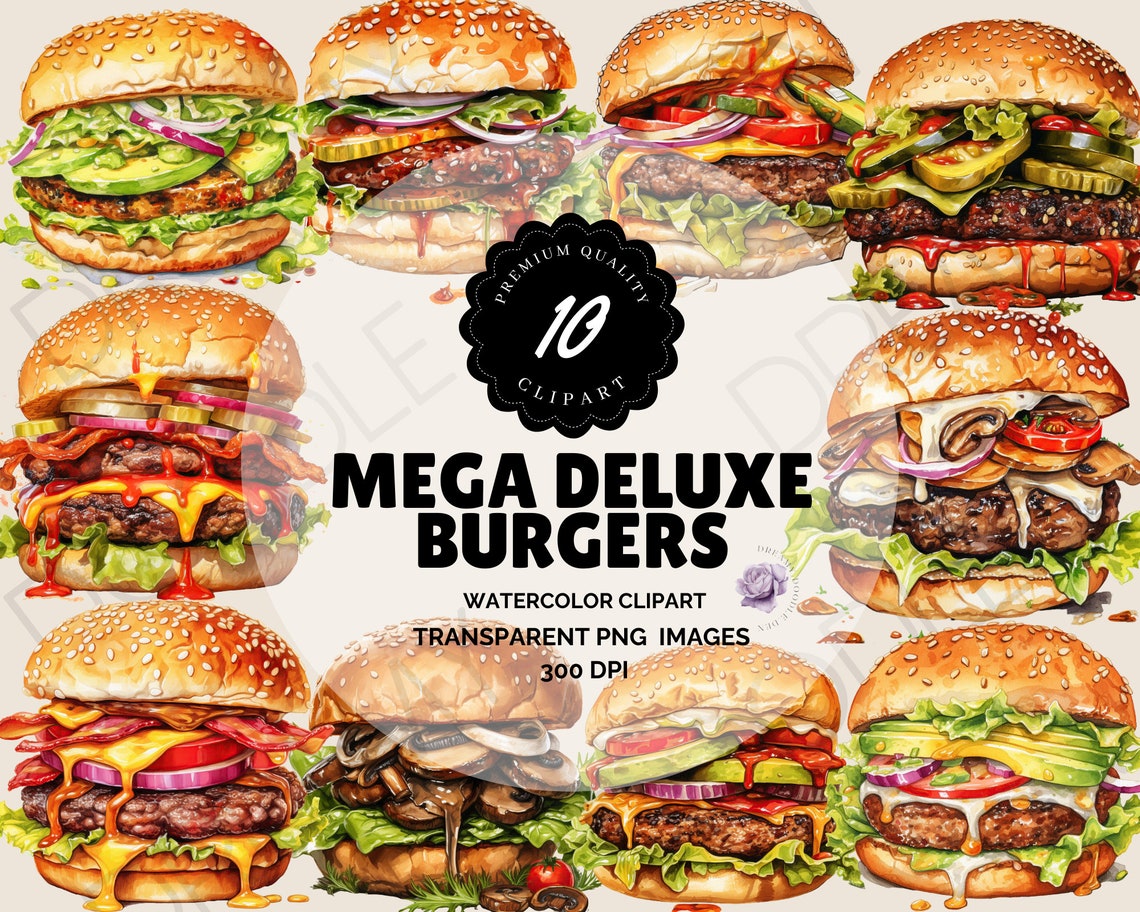 Burger Clipart | Watercolor Food Clipart | Deluxe Burgers PNG ...