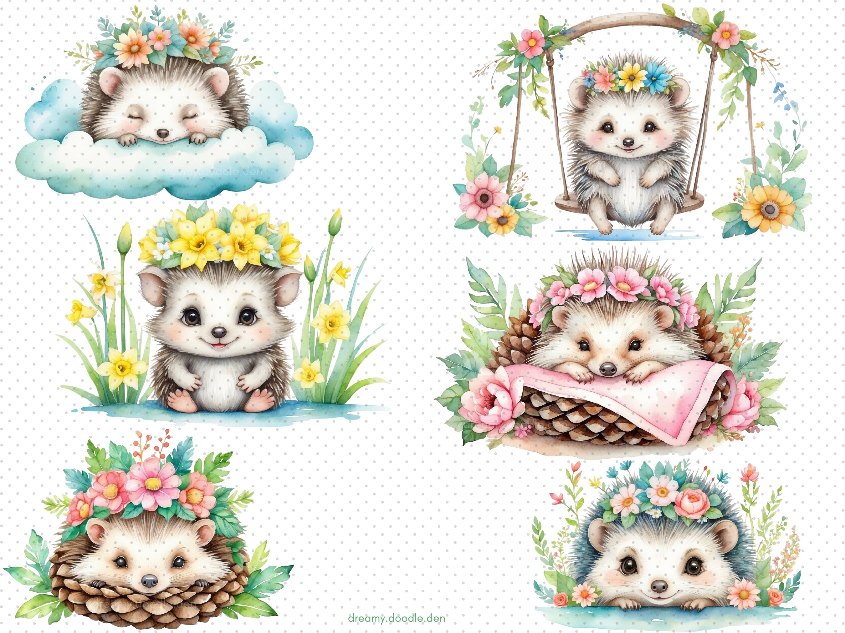 Floral Hedgehogs Clipart Bundle, Cute Hedgehogs Clipart, Woodland ...