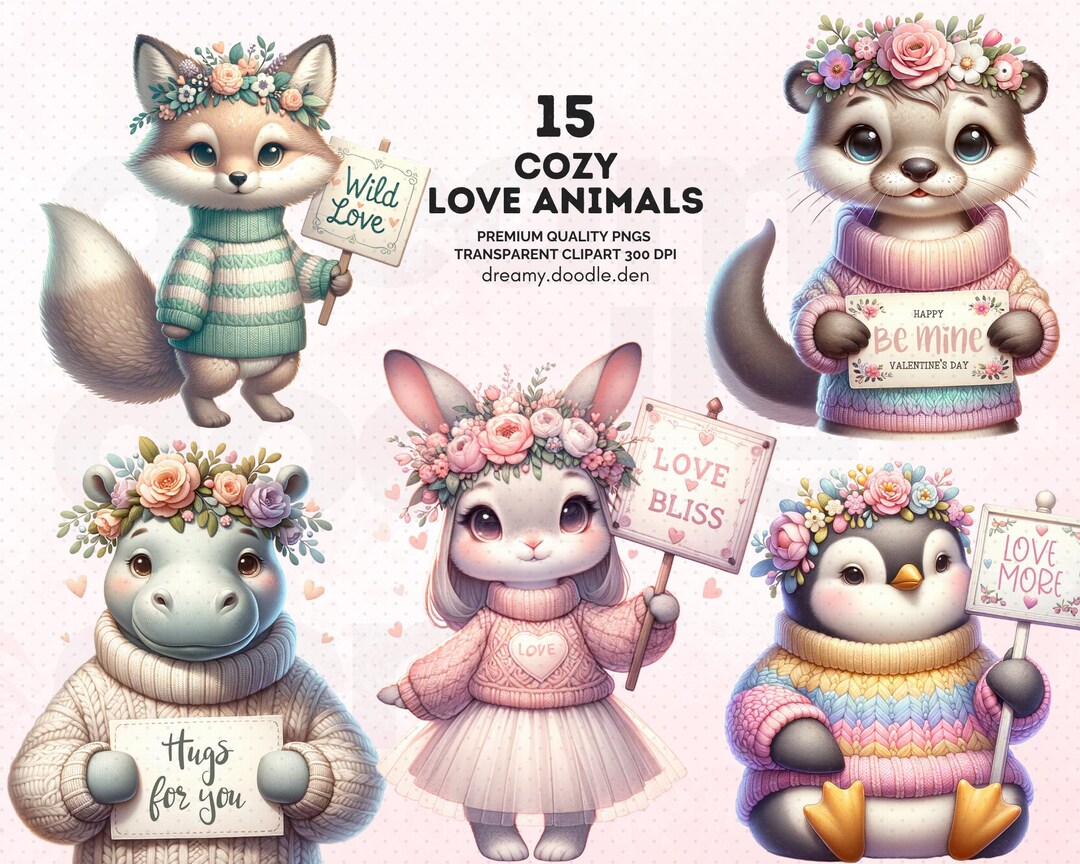 Pastel Valentine Animals Clipart, Love Animals, Floral Crowns (PNG ...