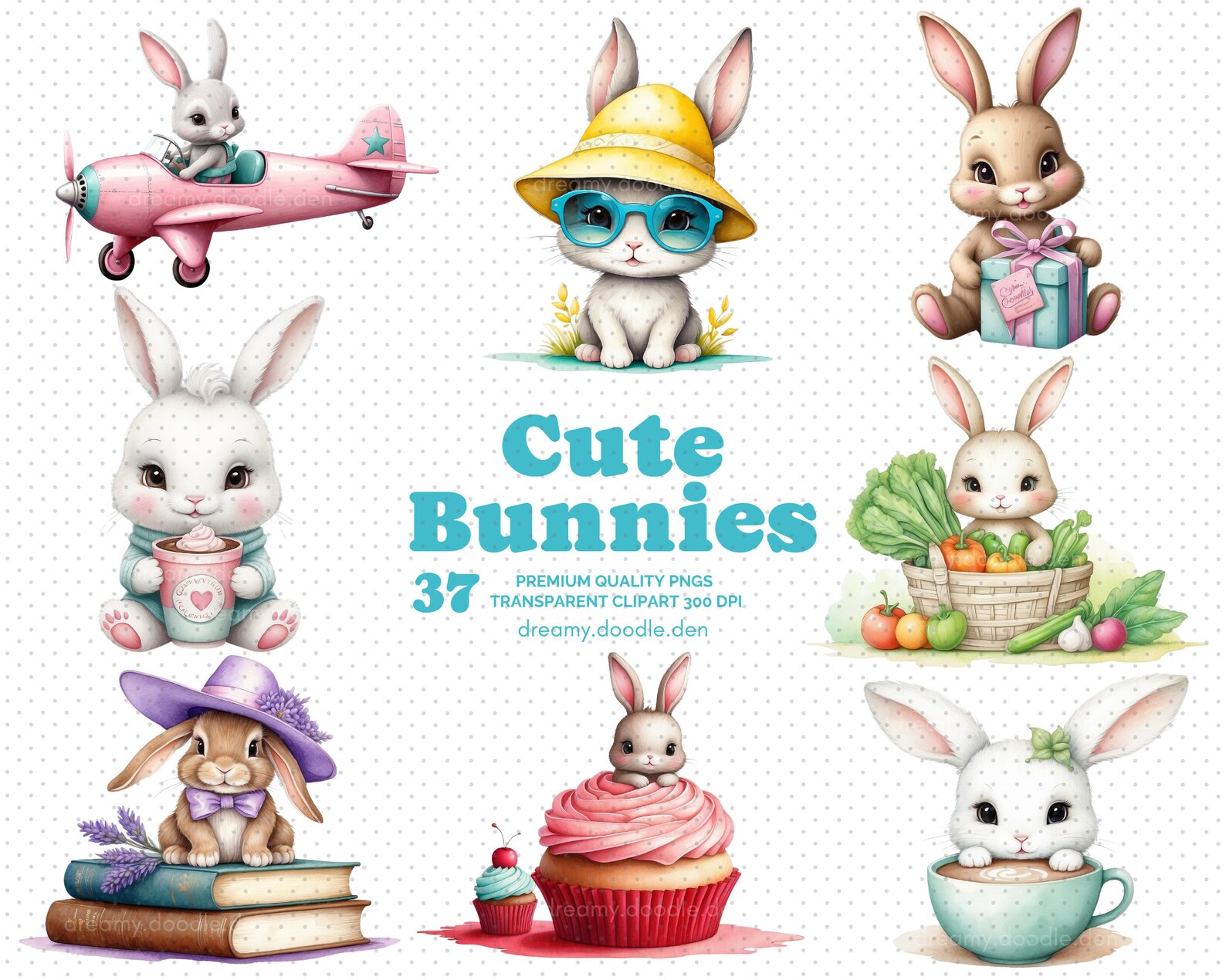 Watercolor Bunny Clipart Bundle, Cute Bunny PNG, Bunny Cupcake Clipart ...