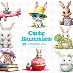 Watercolor Bunny Clipart Bundle, Cute Bunny PNG, Bunny Cupcake Clipart ...