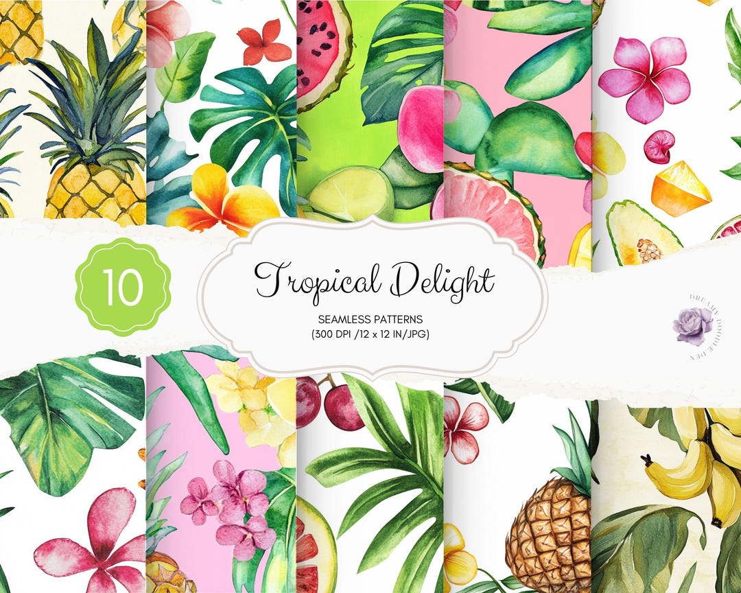 Summer Tropical Fruit & Floral Seamless Patterns, Watercolor Fruit ...