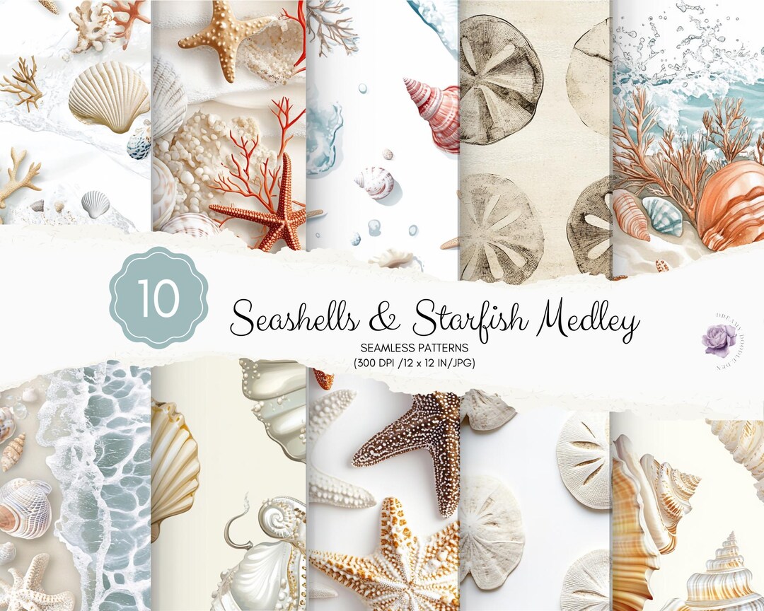 Seashell and Starfish Patterns Seamless Beach Patterns, Seashell Seamless Patterns, Coastal ...