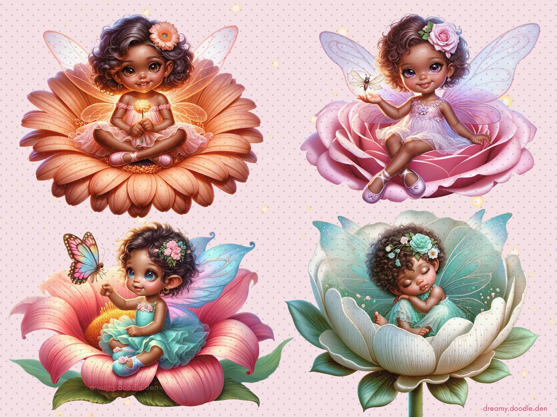Melanin Fairy Clipart Bundle, Whimsical Baby Melanin Fairies Clipart ...