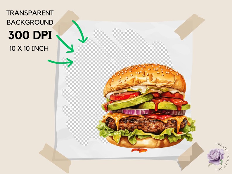 Burger Clipart | Watercolor Food Clipart | Deluxe Burgers PNG ...